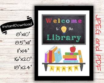 Welcome Library School Sign, Classroom Decor, Printable School Library ...