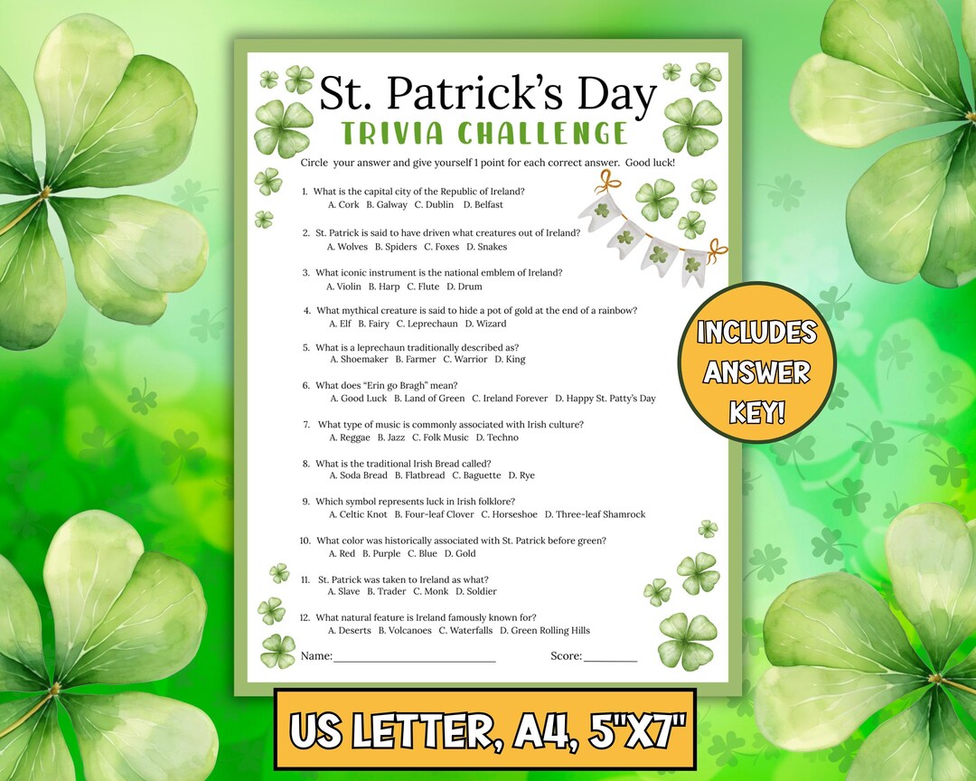 St. Patrick's Day Trivia Game, Adult and Teen St Patrick's Party, Ice ...
