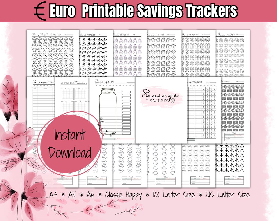 Euro Printable Savings Trackers, A4, A5, A6, Classic Happy, 1/2 Letter ...