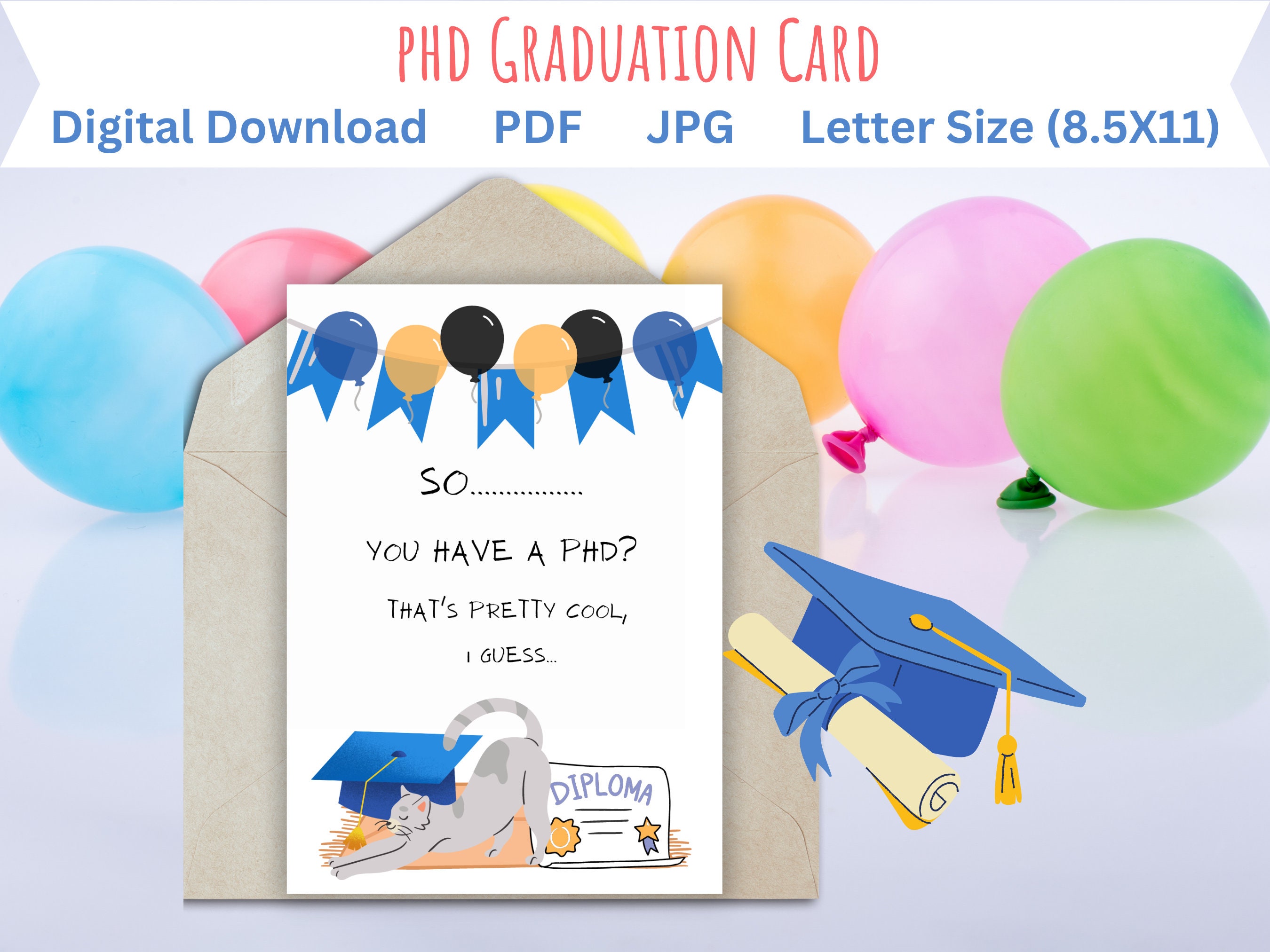 PHD Graduation Card, Funny Grad Card, Greeting Card, Cat ...