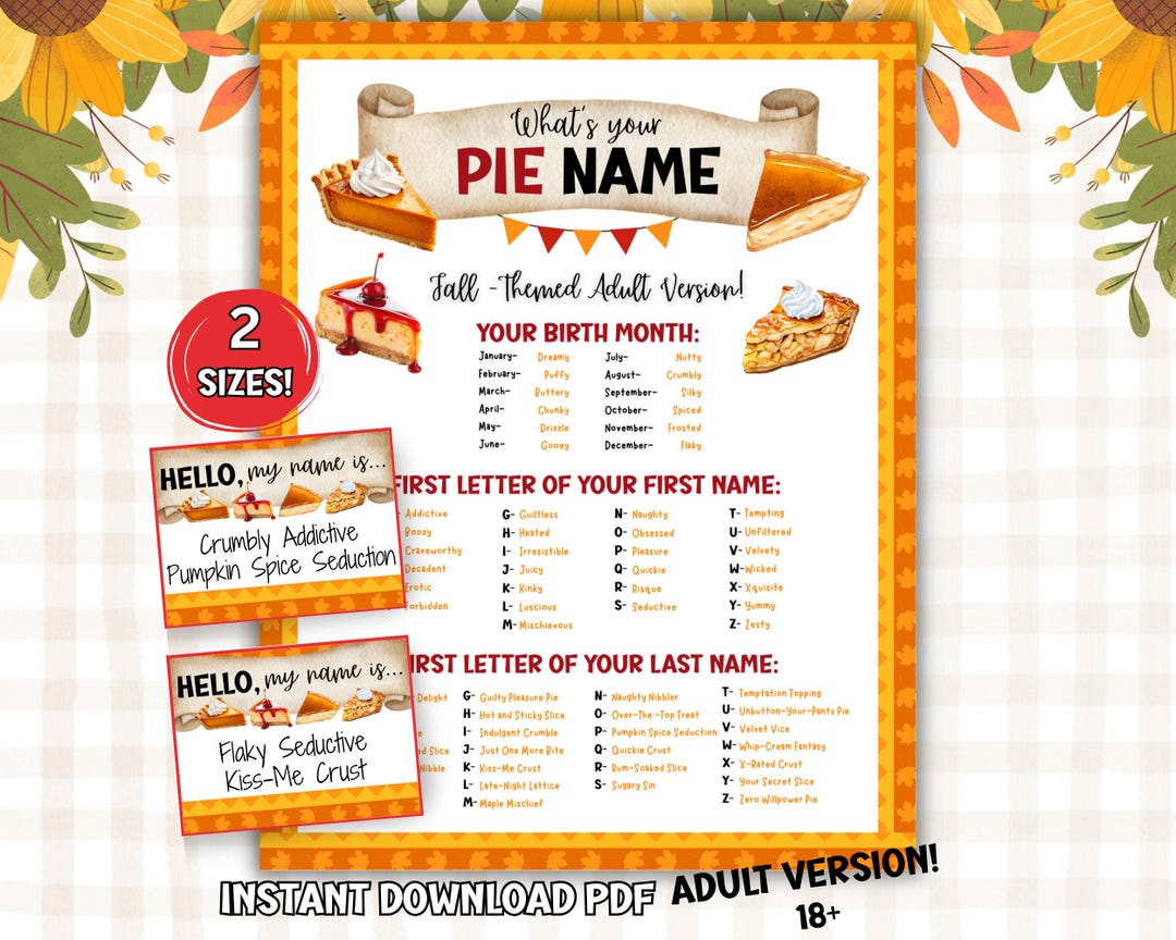 Whats Your Pie Name Game With Name Tags, Fall Party Adult Game ...
