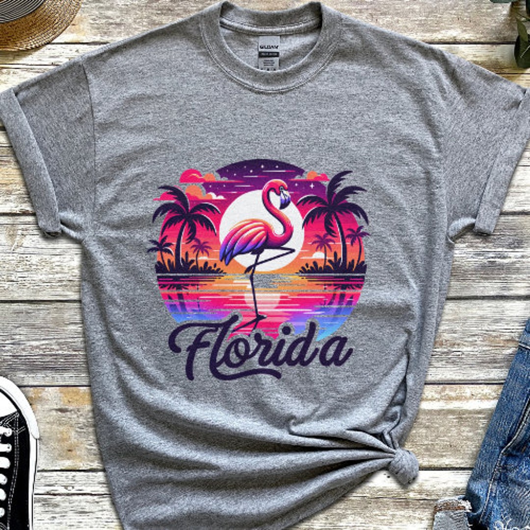 Florida Tshirt Flamingo Tee Comfy Cotton T-shirt Sunset Palm Tree Beach ...