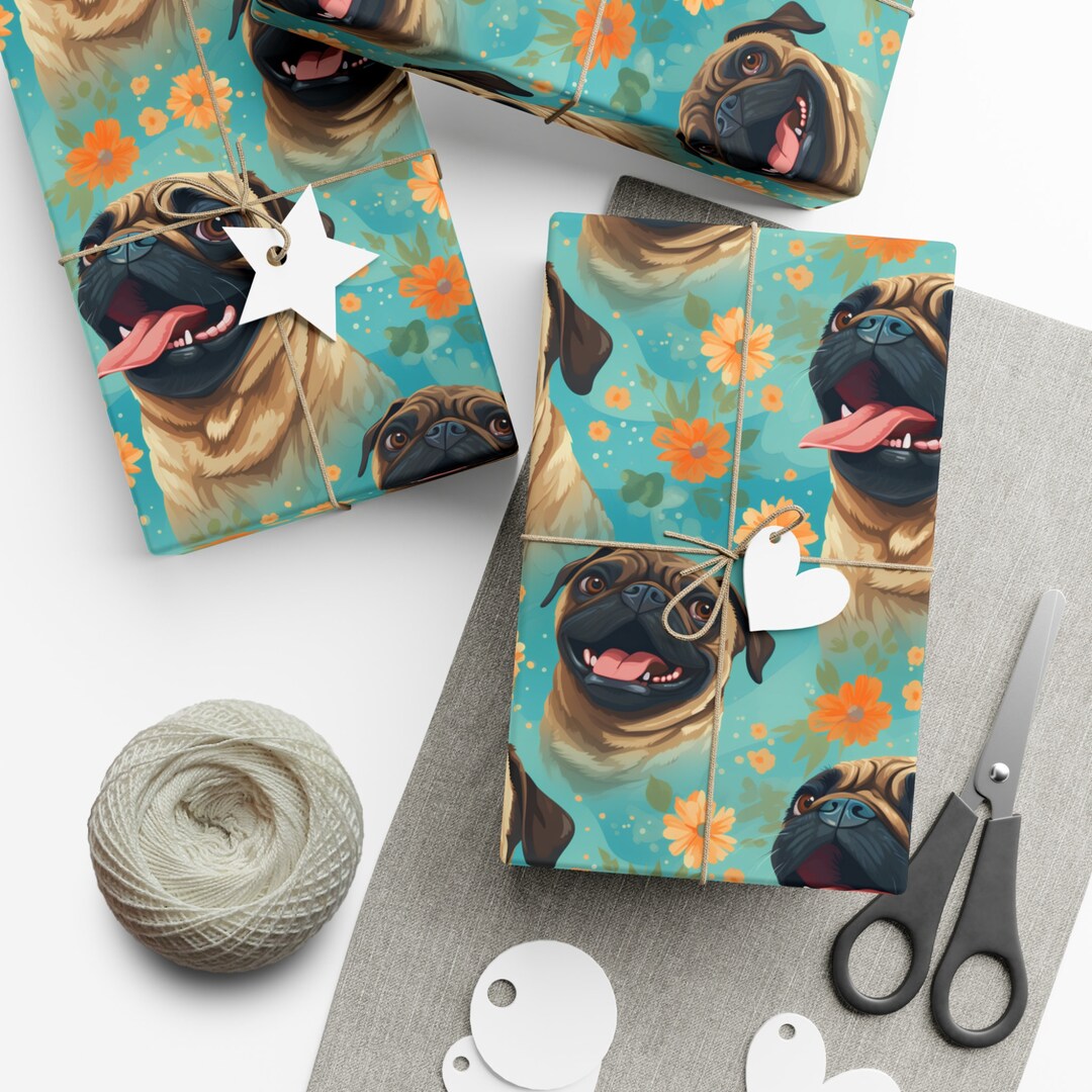 Pug Wrapping Paper, Pug Dog Gift Wrapping Paper Sheet Pug Birthday ...