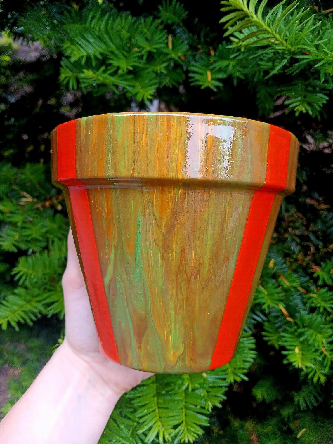 Hand Painted Clay Pot - Orange/green/brown Fluid Design - Home/garden ...