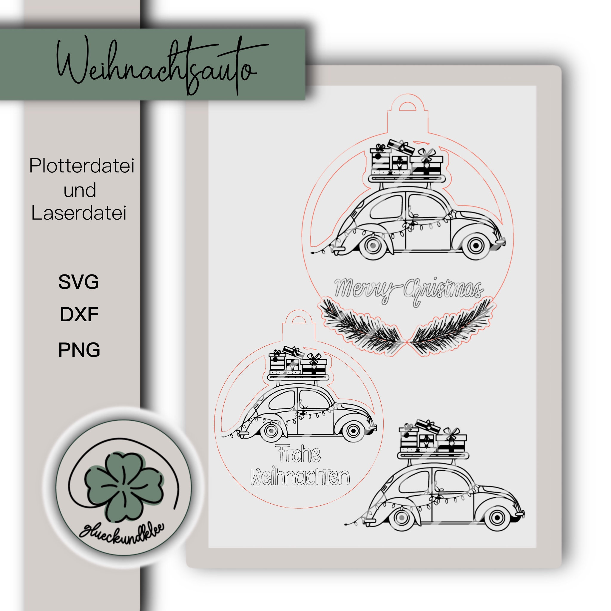 Laserdatei, Plotterdatei, SVG, Weihnachtsauto, Anhänger, Kranz Merry Christmas, inklusive ...