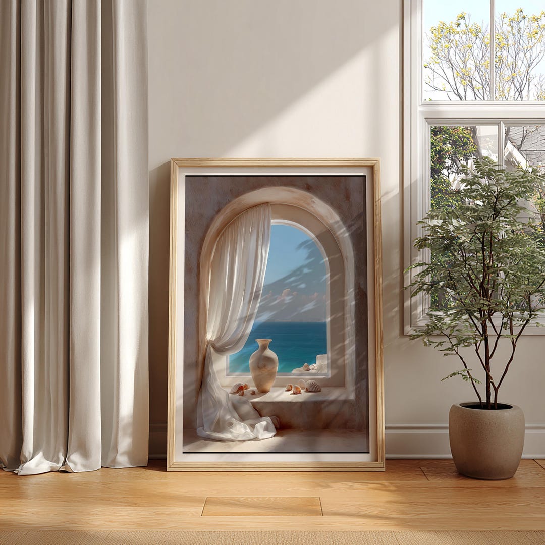 Japandi Coastal Wall Art, Arched Window Print, Ceramic Vase Decor ...