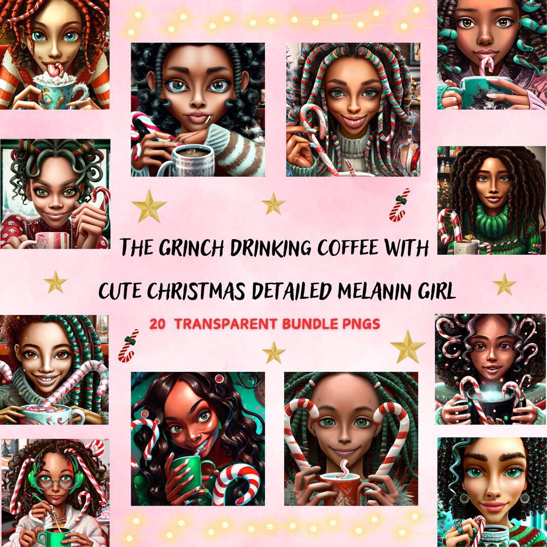 Grinch Melanin Girl Drinking Coffee With Cute Christmas Details, 20 ...