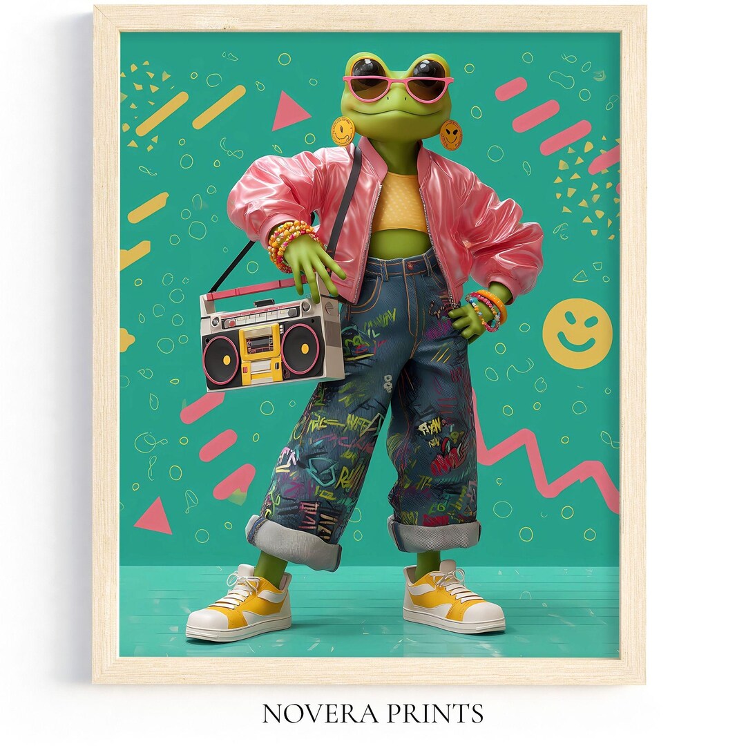 90s Vibes Cartoon Frog Wall Art With Retro Pink Jacket & Boombox, Frog ...