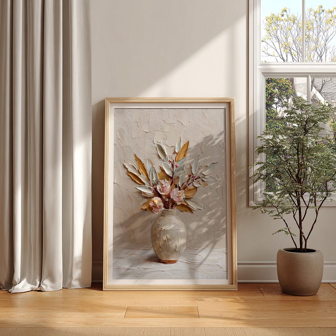 Ceramic Vase With Blush Flowers Wall Art, Impasto Floral Painting Print ...