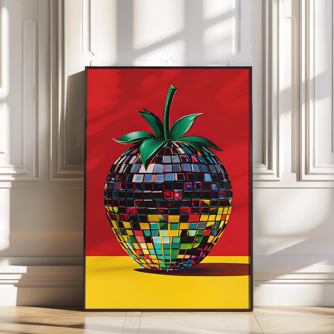 Retro Disco Strawberry Print Wall Art Poster, Glam Look Sparkly ...
