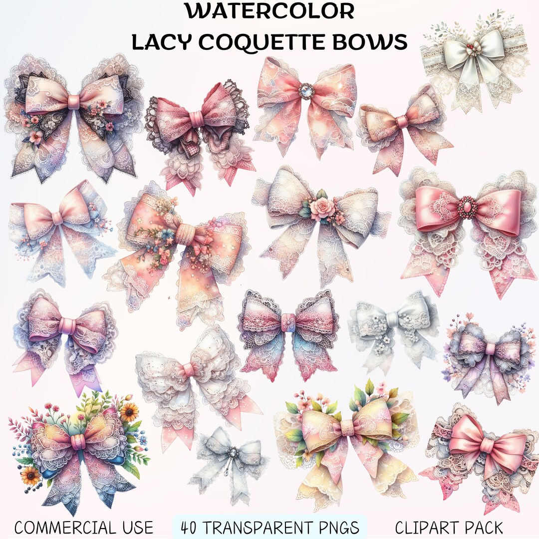 Watercolor Lacy Coquette Bows Clipart Bundle PNG, Soft Girl Pink ...
