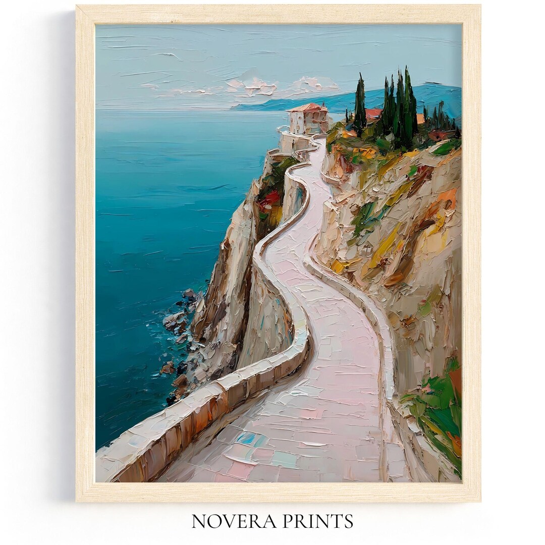Coastal Winding Cliff Pathway Wall Art, Impasto Oil Painting Print ...