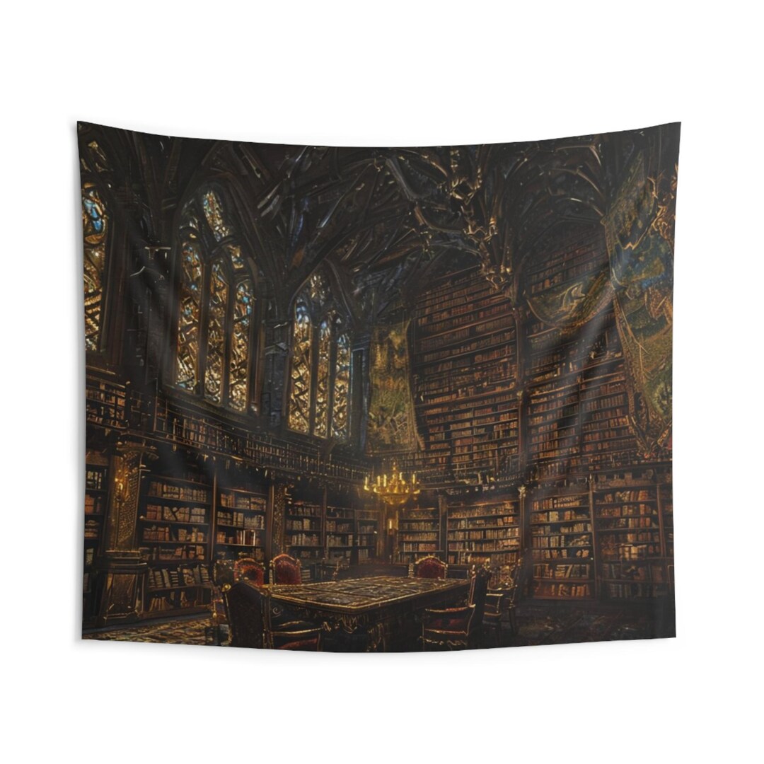 Medieval Castle Library Wall Tapestry, Fantasy Home Decor, Middle Ages ...