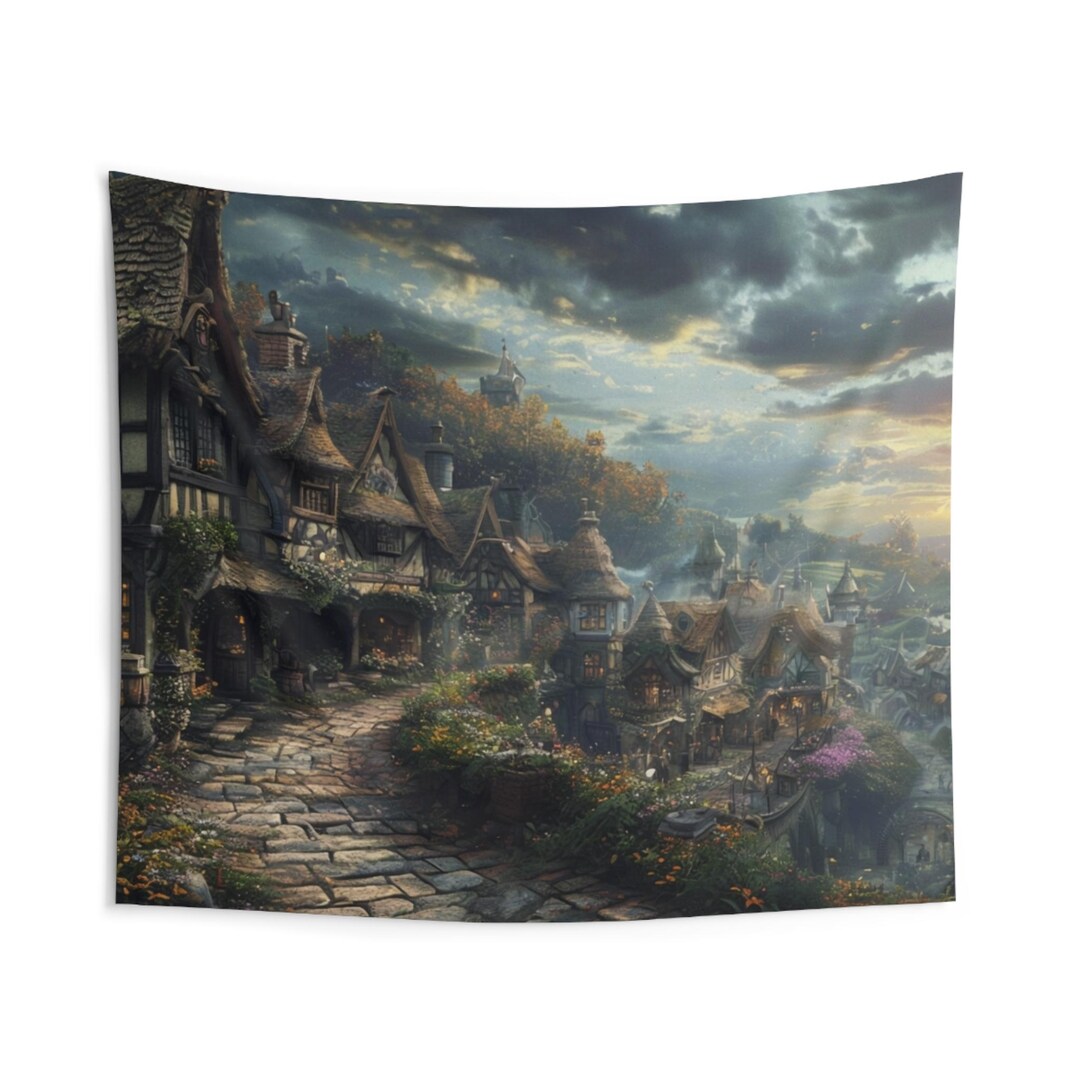 Medieval Village Wall Tapestry, Fantasy Home Decor, Middle Ages Town ...