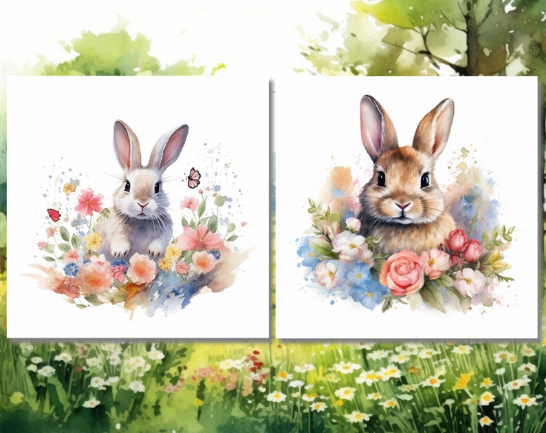 15 Watercolor Bunny / Rabbit Flower Illustrations Clipart - Digital ...