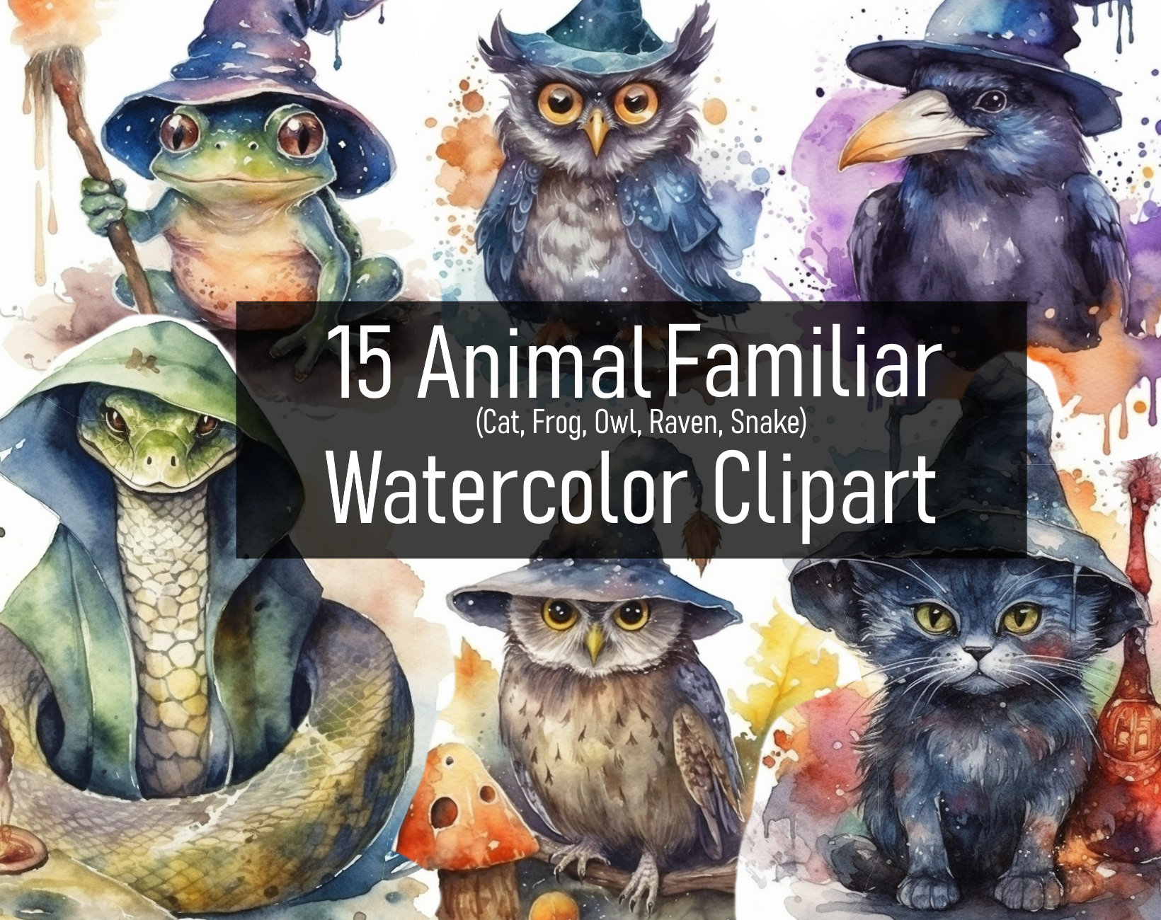 15 Watercolor Witch / Wizard Familiar Illustration Clipart Digital ...