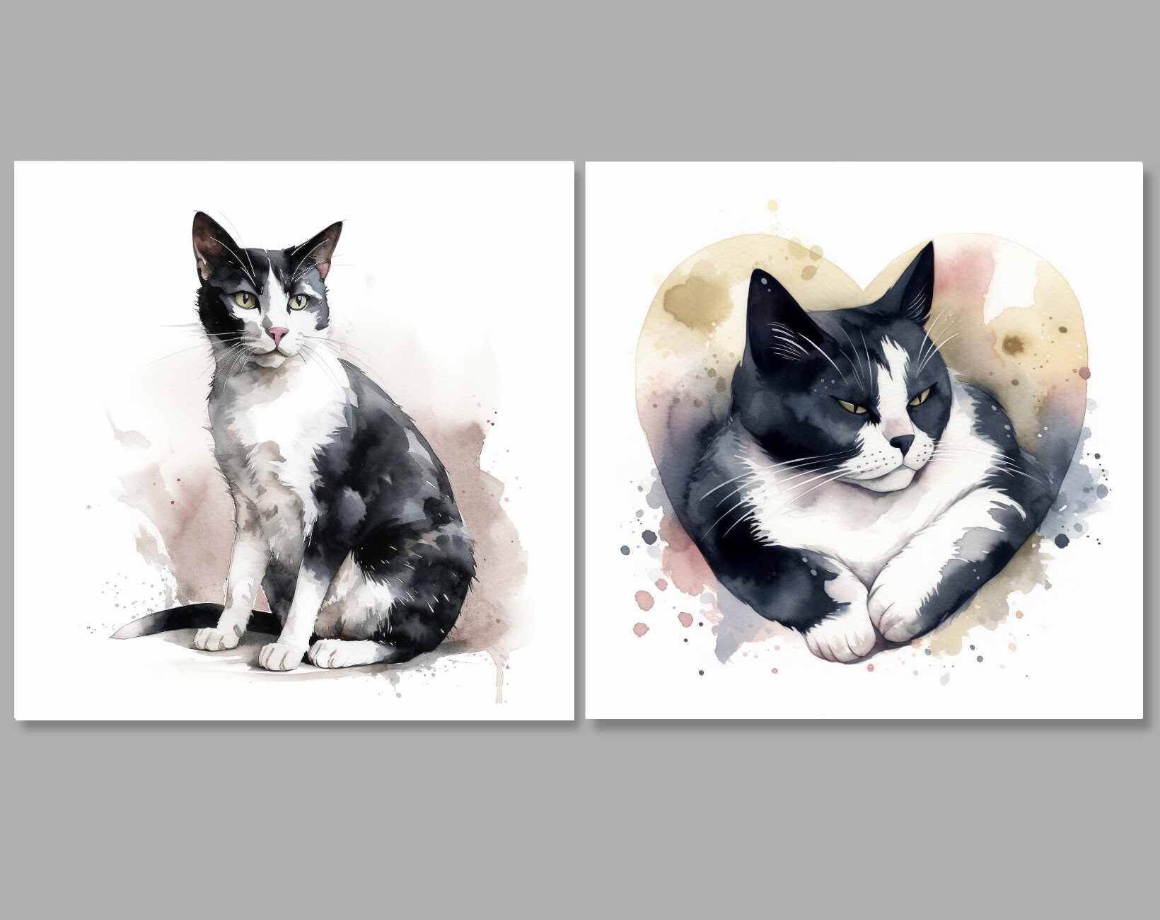 14 Watercolor Black and White Cat Illustrations Cliparts Digital ...