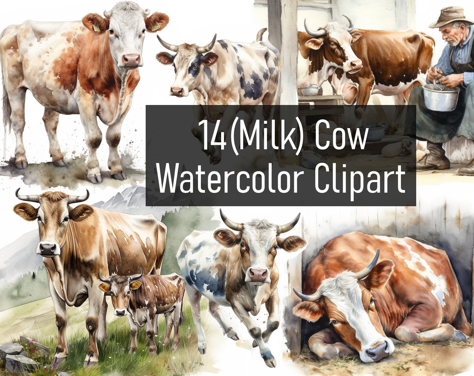 14 Watercolor (milk) Cow Illustration Cliparts - Digital Download ...