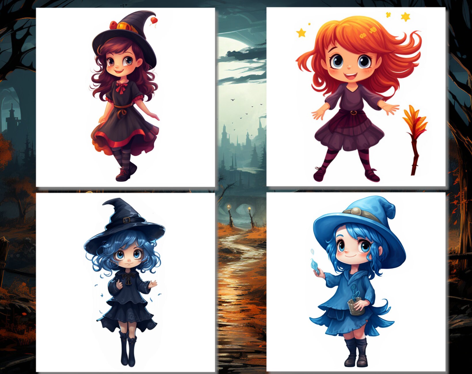 31 Cute Witches Illustration Cliparts - Style for Children - Digital ...