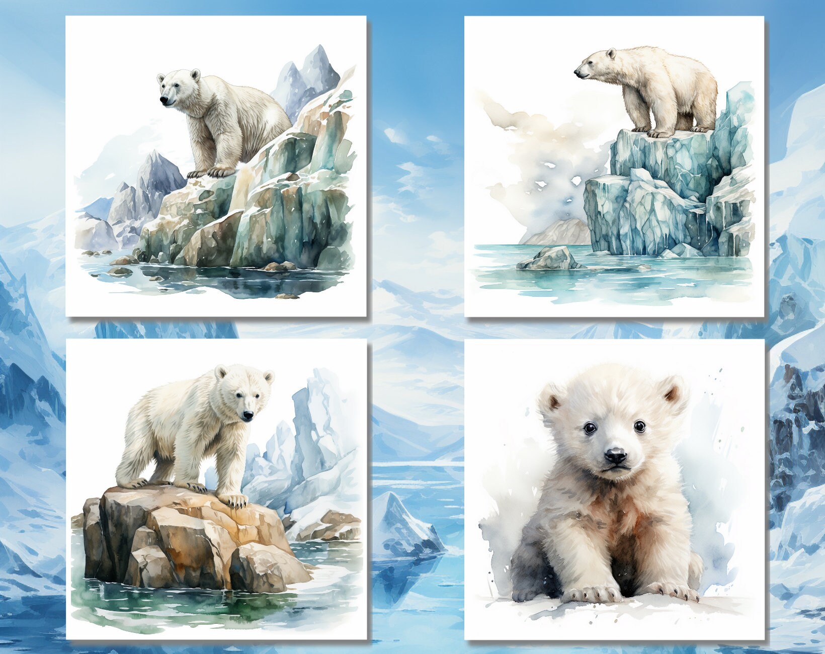 20 Watercolor Polar Bear Illustration Cliparts - Digital Download ...