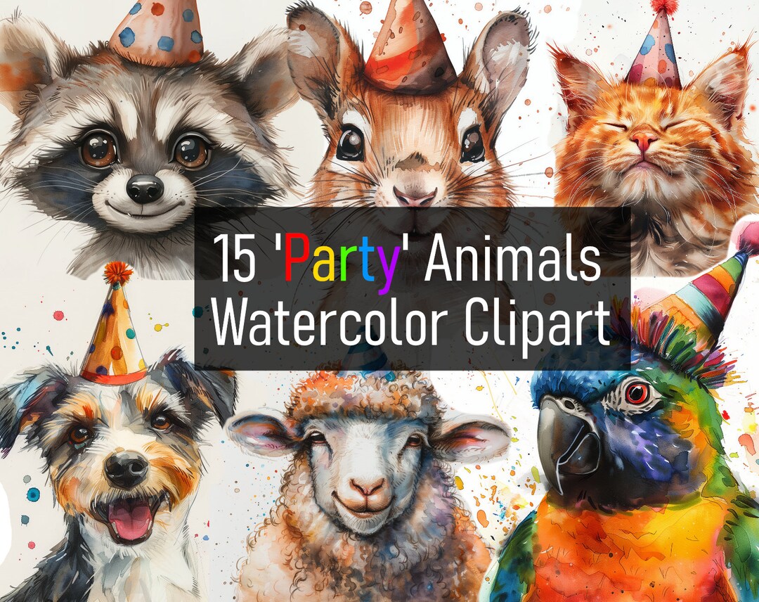 15 Watercolor Party Animals Illustration Cliparts - Digital Download ...