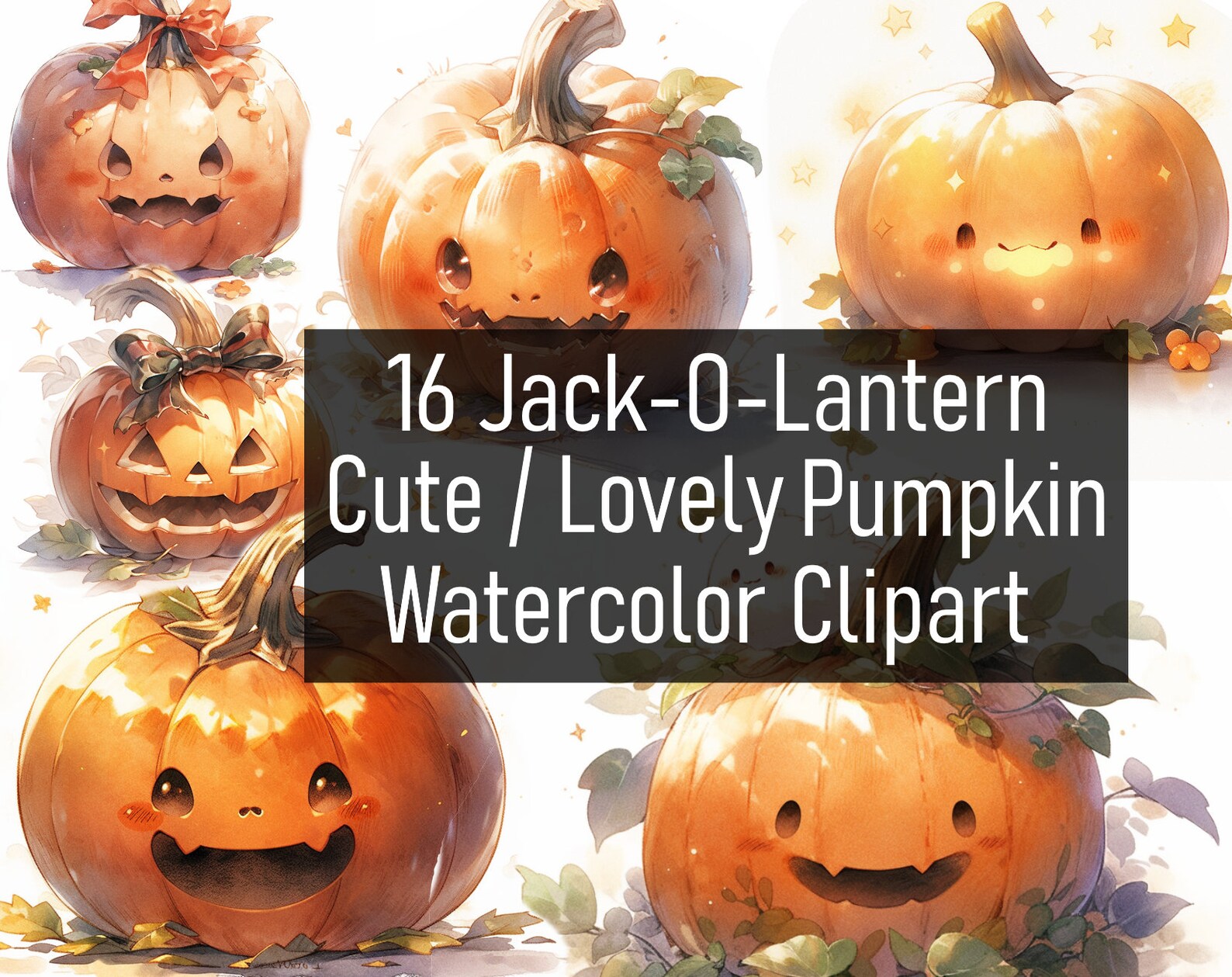 16 Watercolor Pumpkin / Jack-o-lantern Cute Lovely Illustration ...