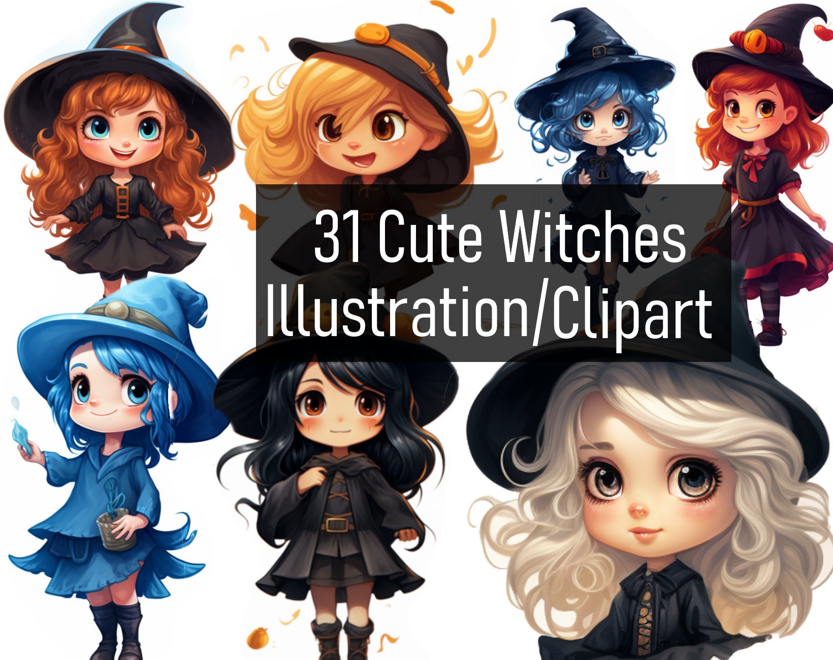 31 Cute Witches Illustration Cliparts - Style for Children - Digital ...