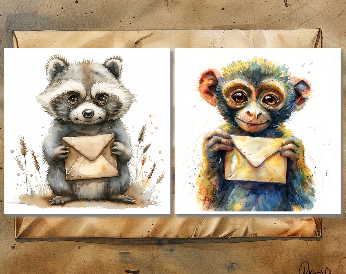 15 Watercolor Mail Post Envelope Animals Illustration Cliparts ...