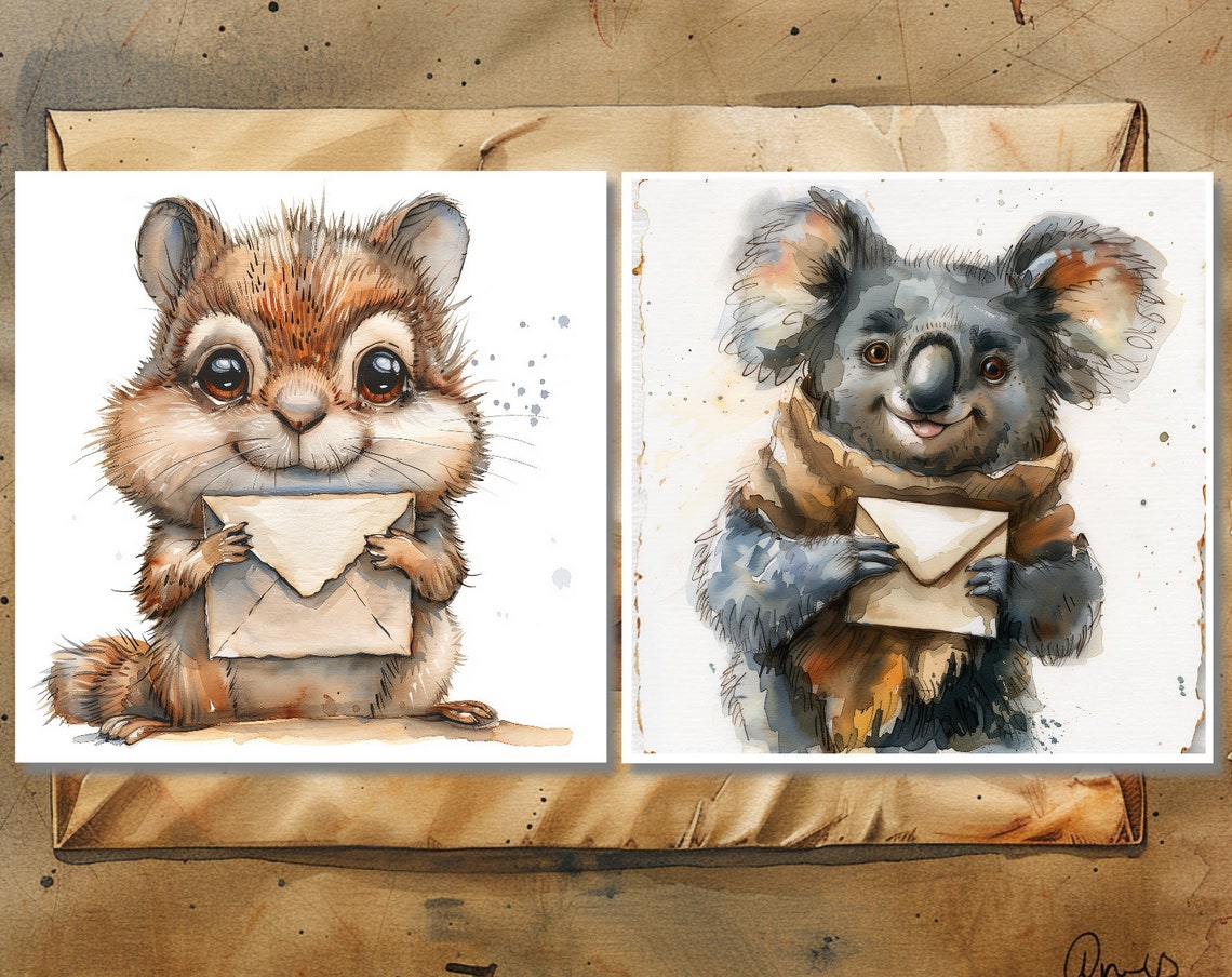 15 Watercolor Mail Post Envelope Animals Illustration Cliparts ...