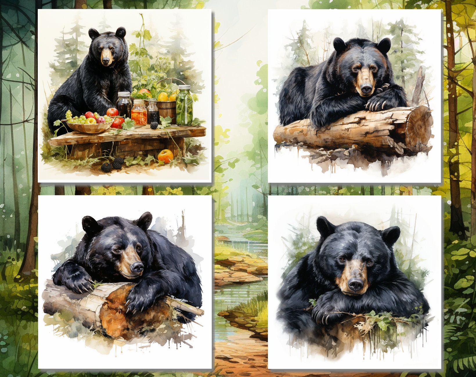 20 Watercolor Black Bear Illustration Cliparts - Digital Download ...