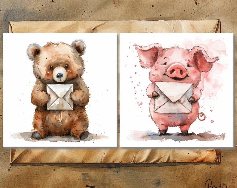 15 Watercolor Mail Post Envelope Animals Illustration Cliparts ...