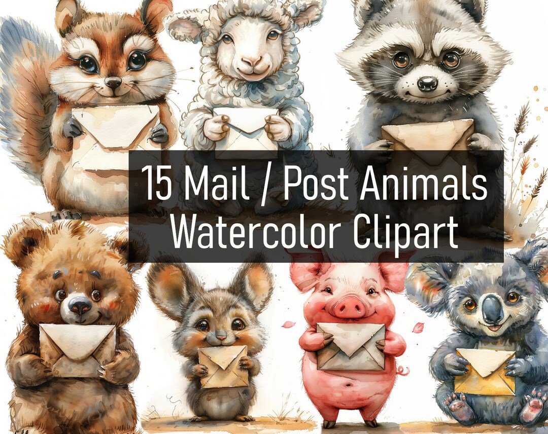 15 Watercolor Mail Post Envelope Animals Illustration Cliparts ...