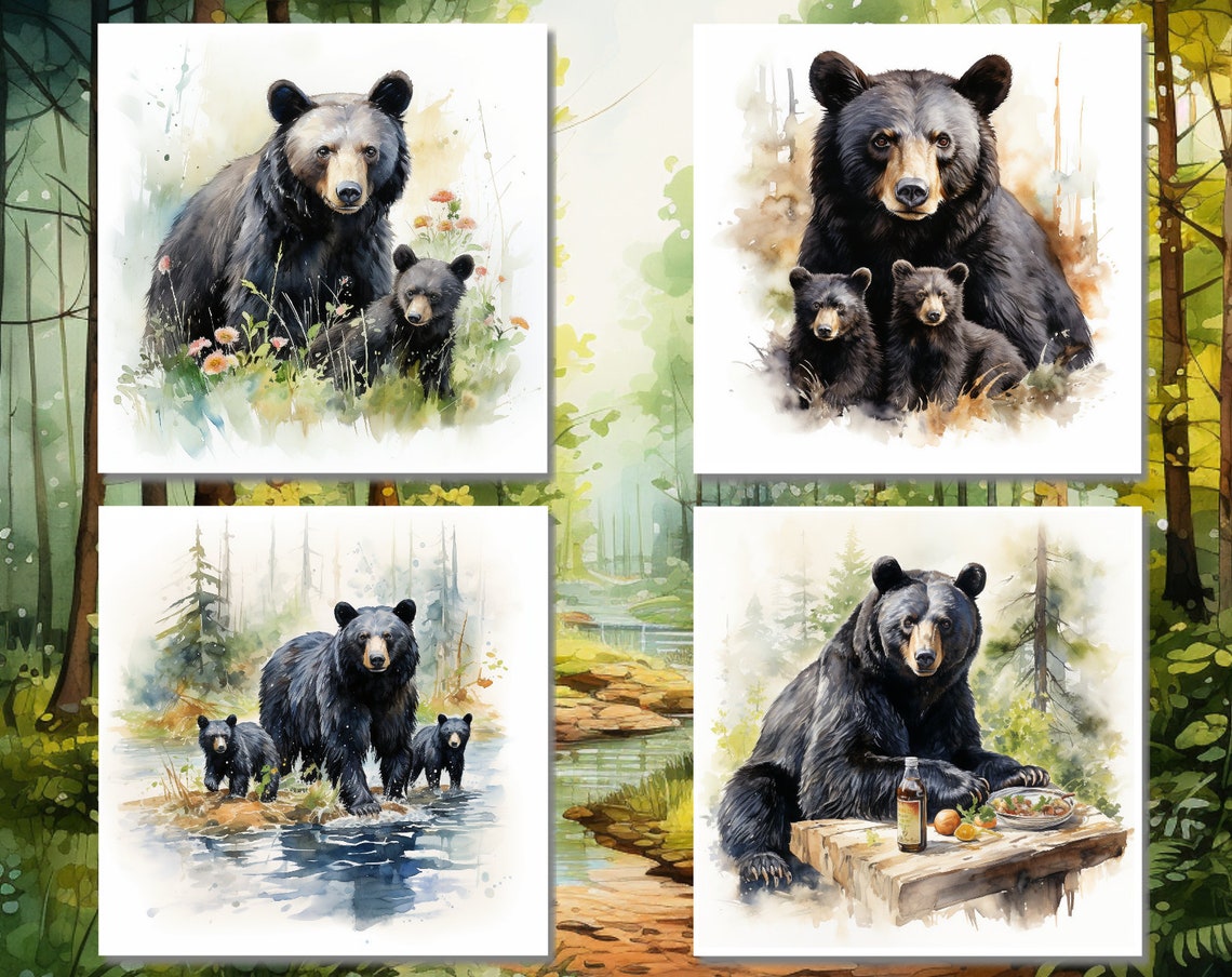 20 Watercolor Black Bear Illustration Cliparts - Digital Download ...