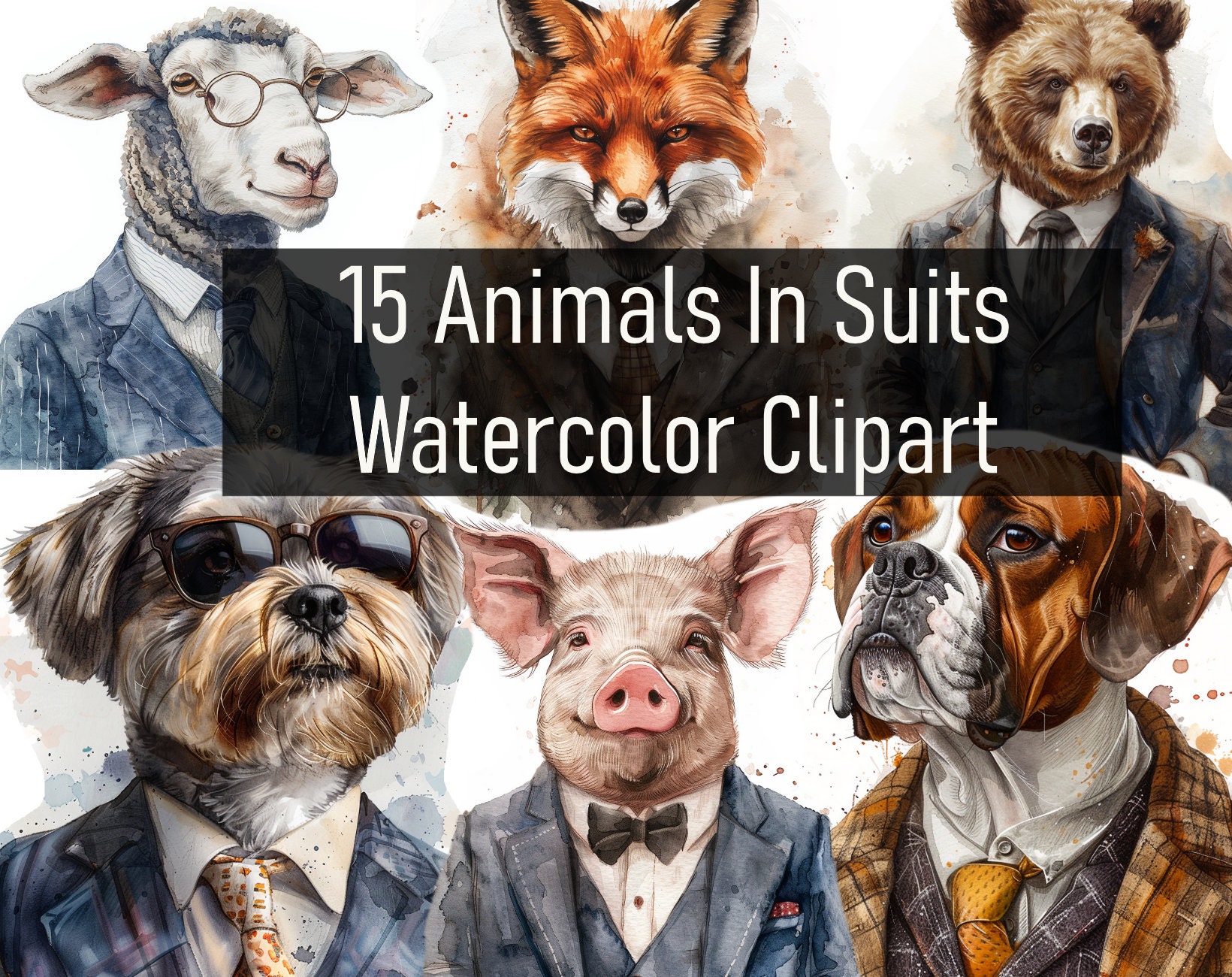 15 Watercolor Animals in Suits - Illustration Cliparts - Digital ...