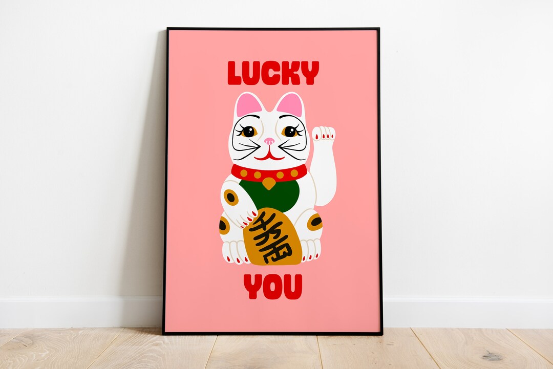 Pink Lucky Cat Maneki Neko Print, Japanese Illustration (digital ...