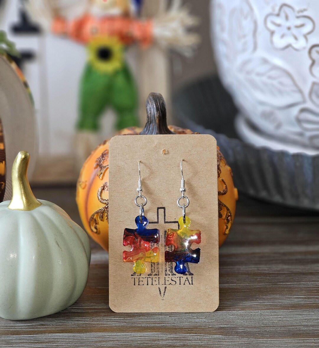 Autism Earrings Puzzle Piece Cross Awareness Blue Red Yellow Color ...
