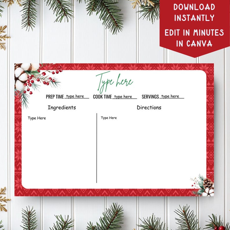 Printable Holiday Recipe Template, Editable Christmas Cookie Recipe ...
