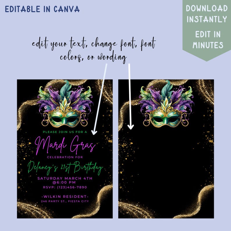 Editable Mardi Gras Birthday Invitation Carnival Themed Party ...