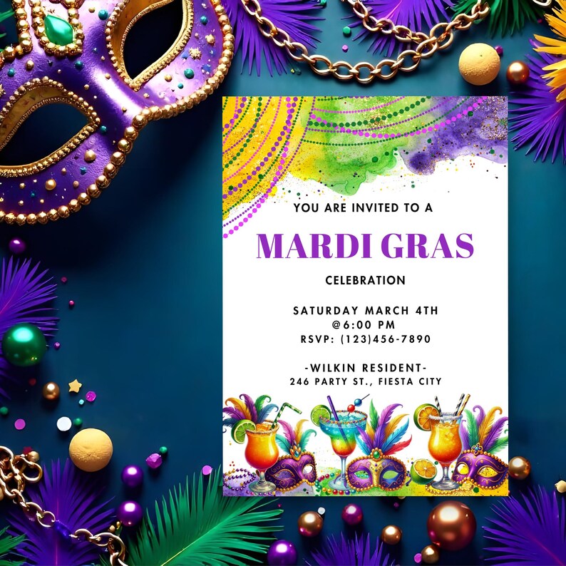 Editable Mardi Gras Birthday Invitation Carnival Themed Party ...