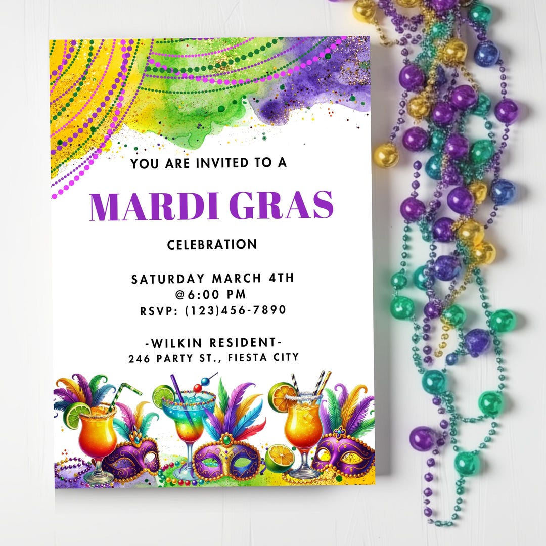 Editable Mardi Gras Birthday Invitation Carnival Themed Party ...