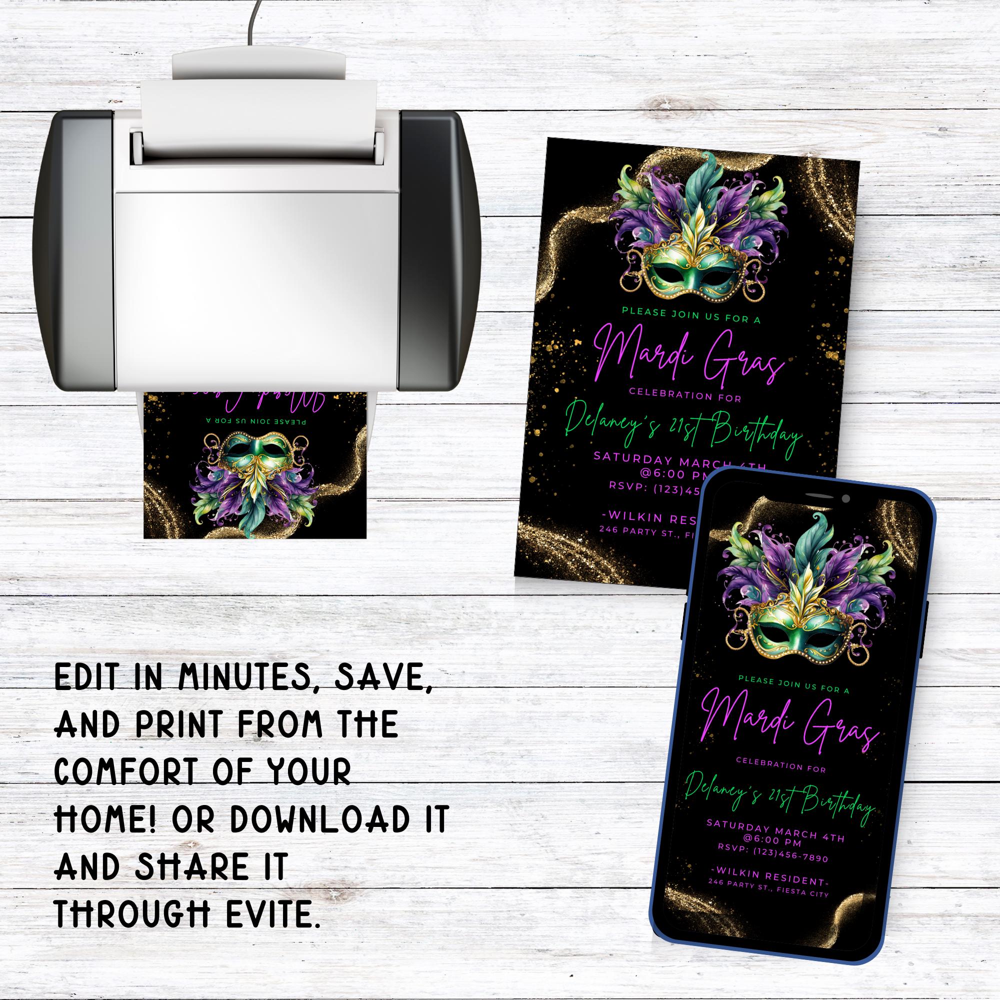 Editable Mardi Gras Birthday Invitation Carnival Themed Party ...