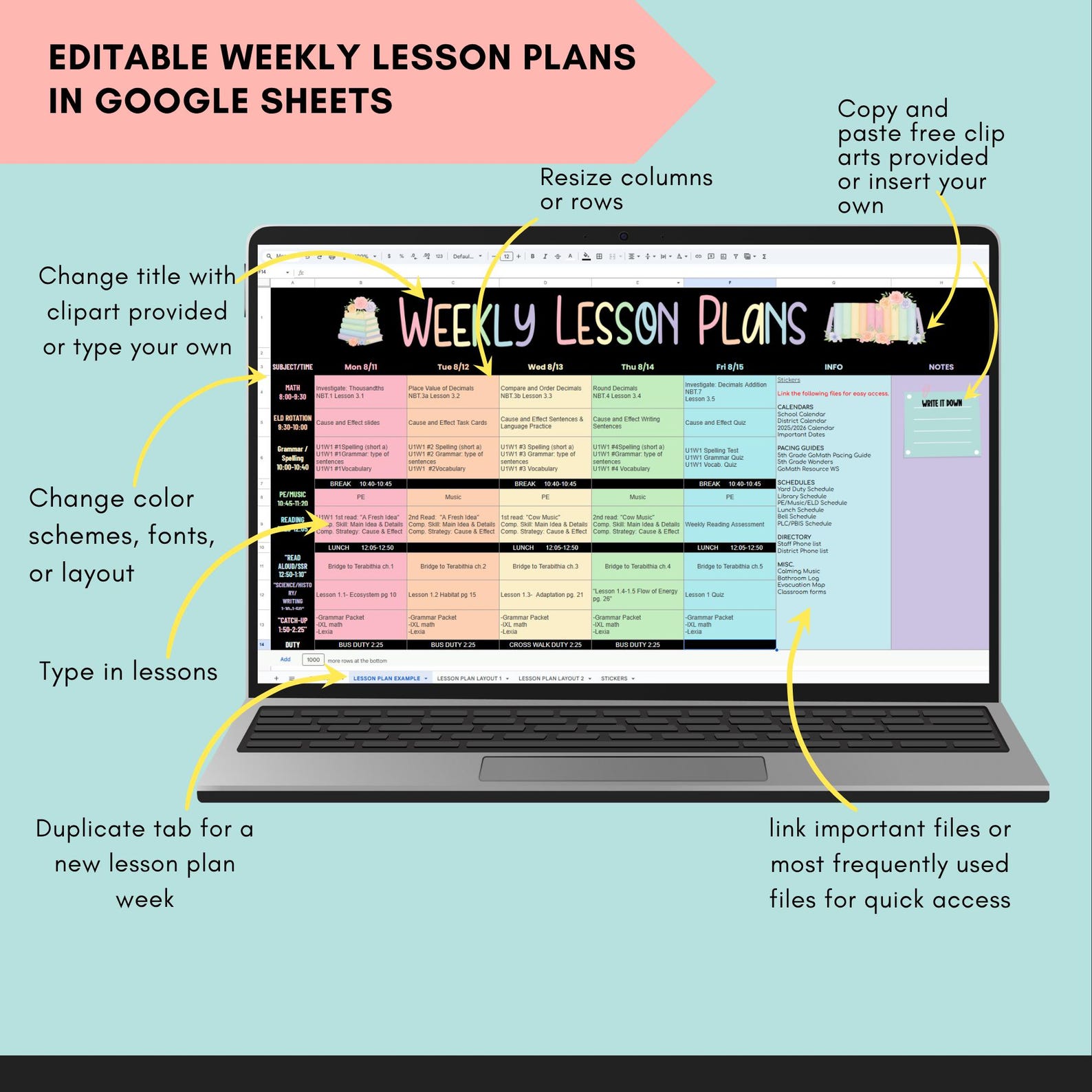 Editable Google Sheets Teacher Weekly Lesson Plans Digital Daily ...