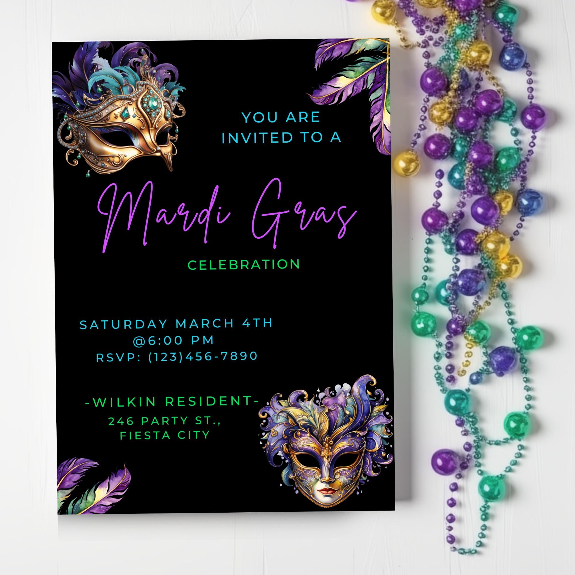 Editable Mardi Gras Birthday Invitation Carnival Themed Masquerade Mask ...