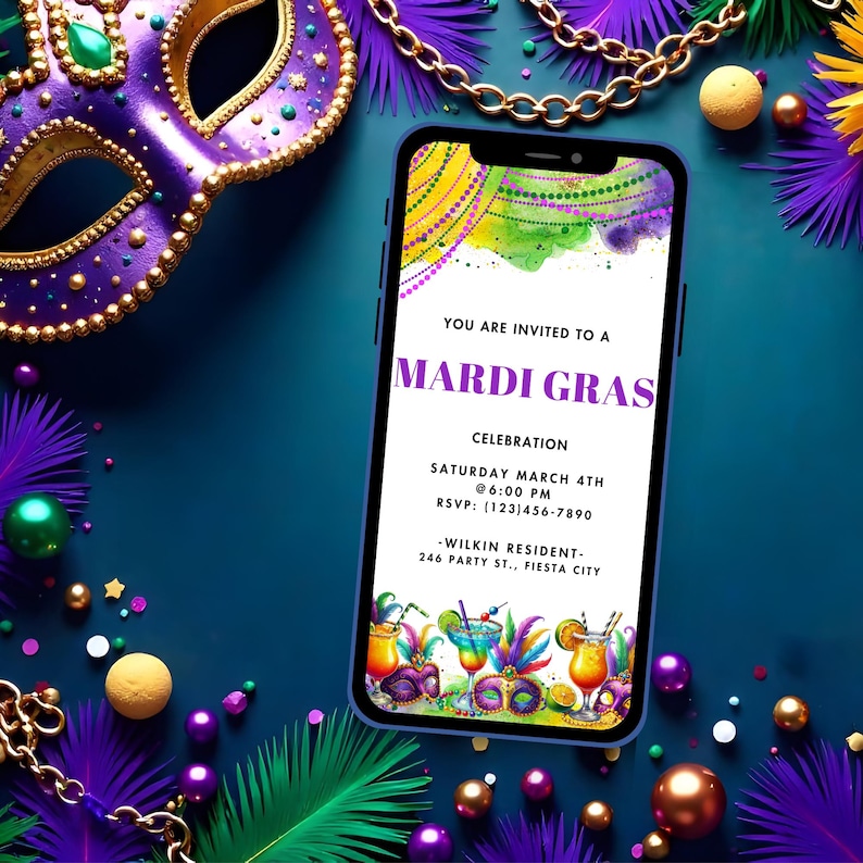 Editable Mardi Gras Birthday Invitation Carnival Themed Party ...