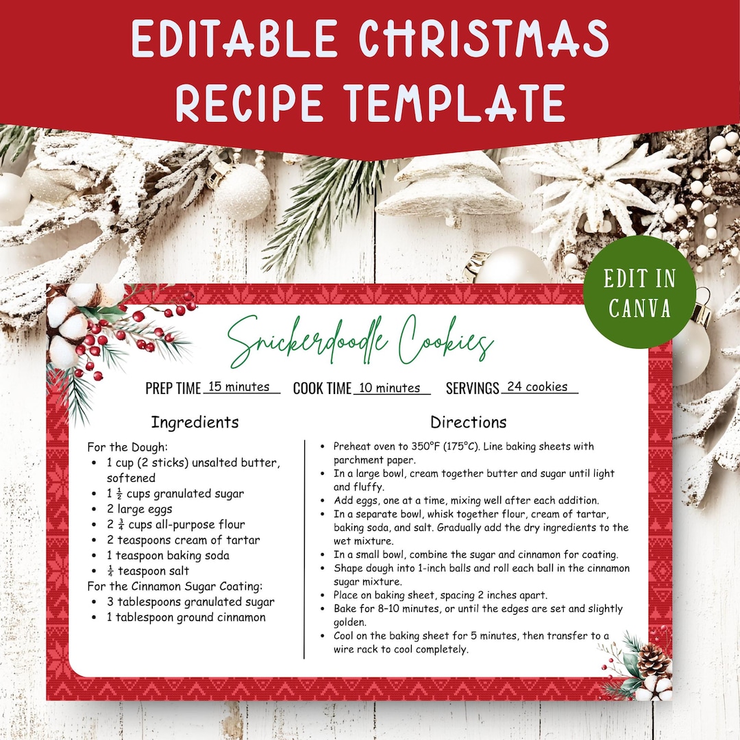 Printable Holiday Recipe Template, Editable Christmas Cookie Recipe ...