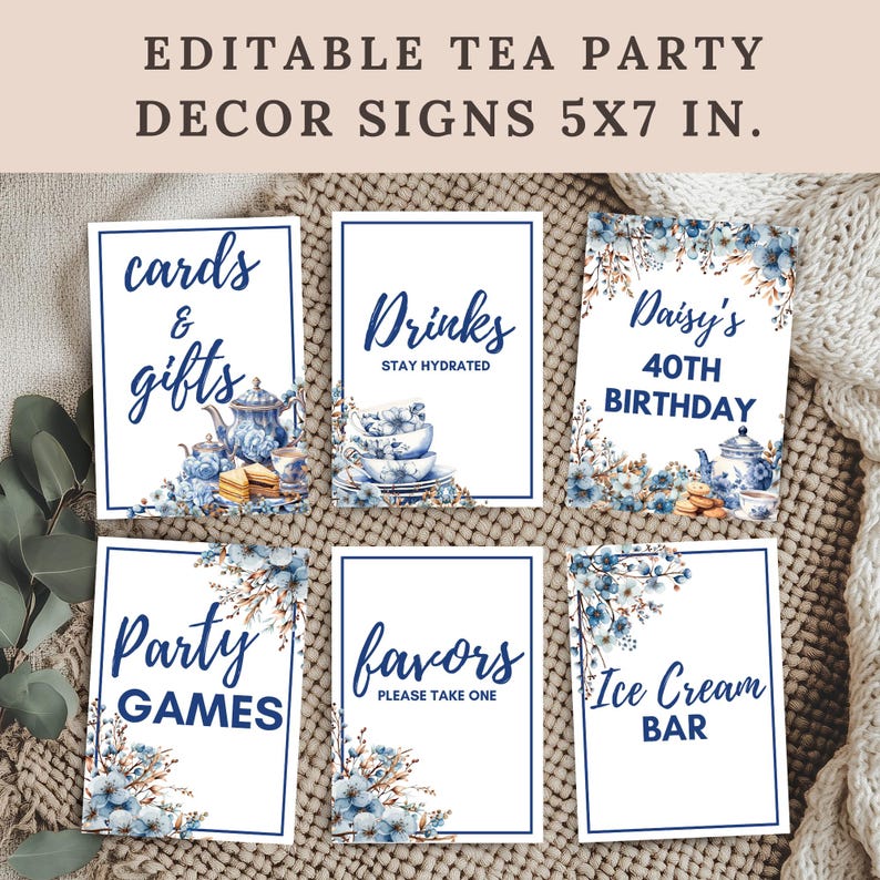 Editable Afternoon Tea Birthday Invitation Elegant Blue Floral Decor ...