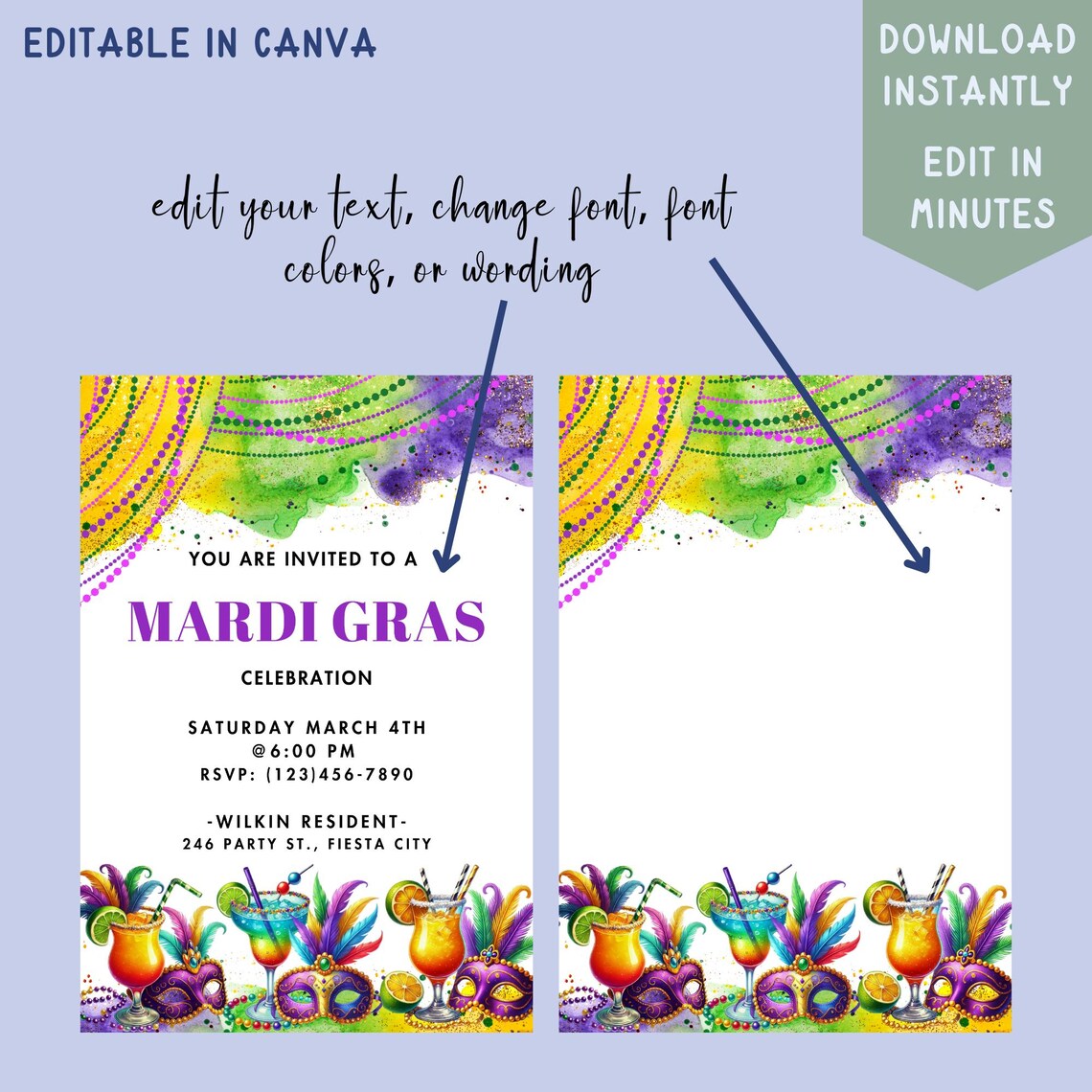 Editable Mardi Gras Birthday Invitation Carnival Themed Party ...