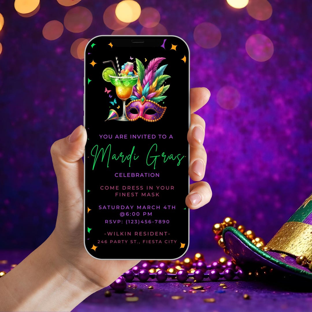 Editable Mardi Gras Invitation Carnival Themed Party, Masquerade Mask ...