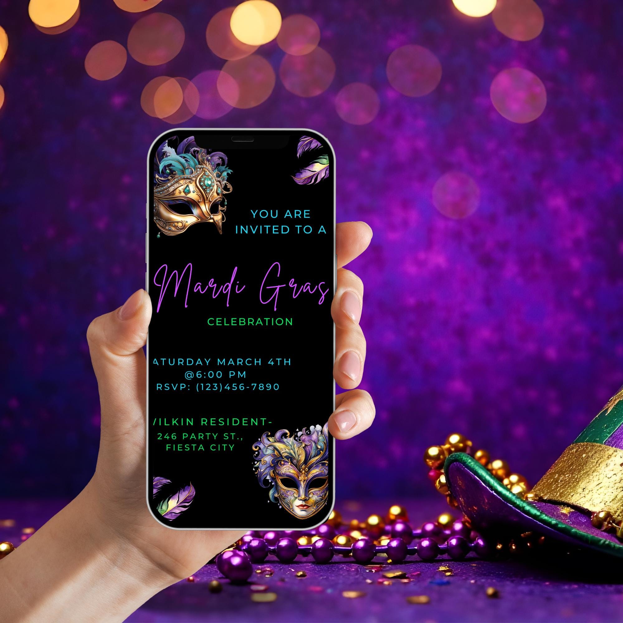 Editable Mardi Gras Birthday Invitation Carnival Themed Masquerade Mask ...