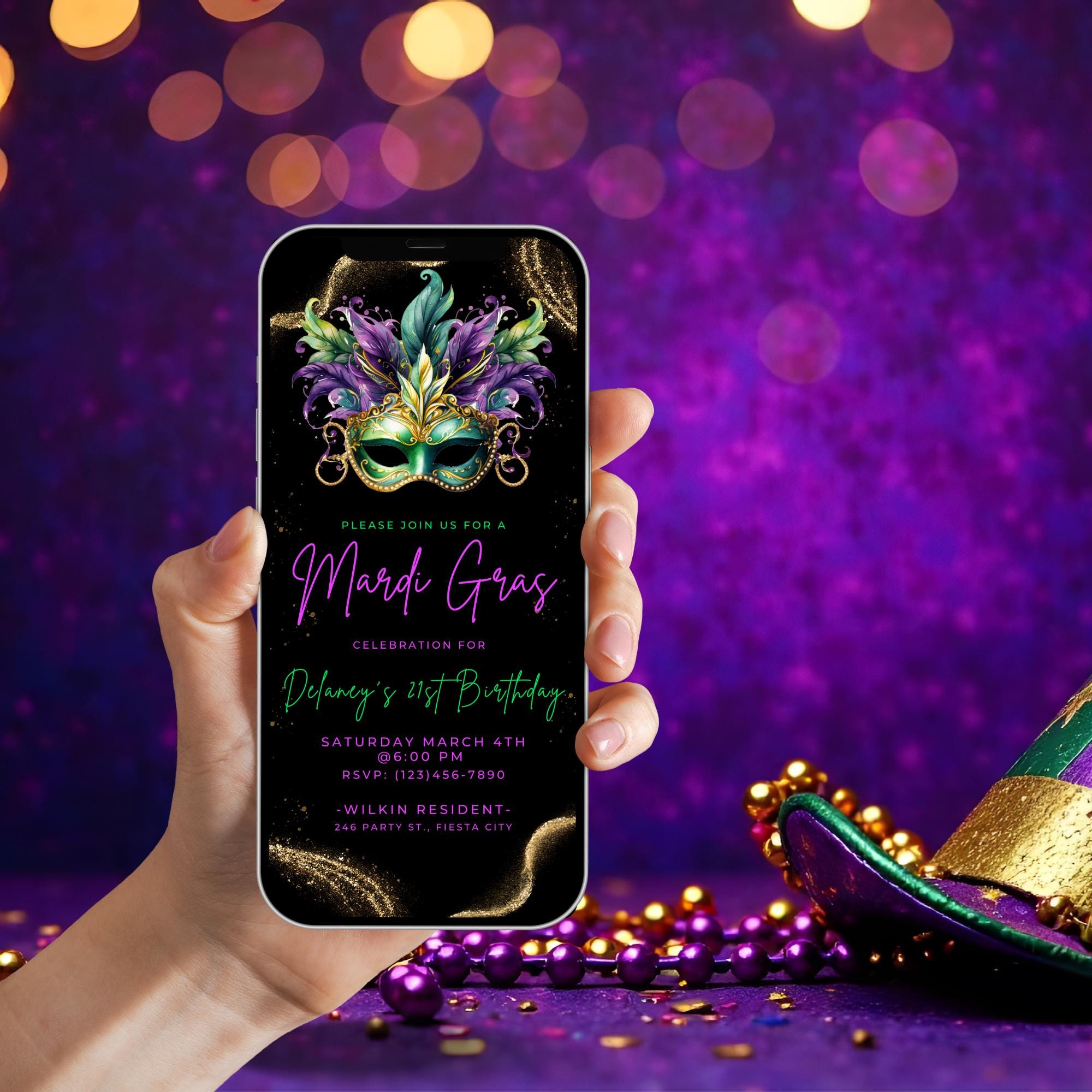 Editable Mardi Gras Birthday Invitation Carnival Themed Party ...